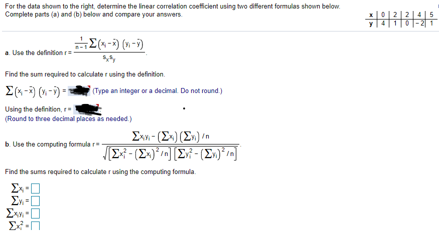 Solved For the data shown to the right, determine the linear | Chegg.com