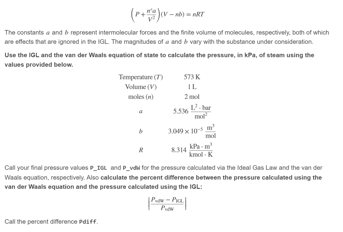 Solved (P+n2aV ?(2))(V-nb)=nRTThe constants a and b | Chegg.com