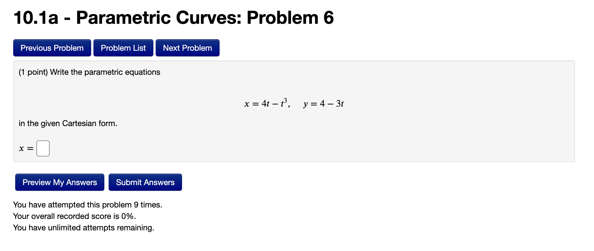 Solved 10.1a - Parametric Curves: Problem 6 (1 point) Write | Chegg.com