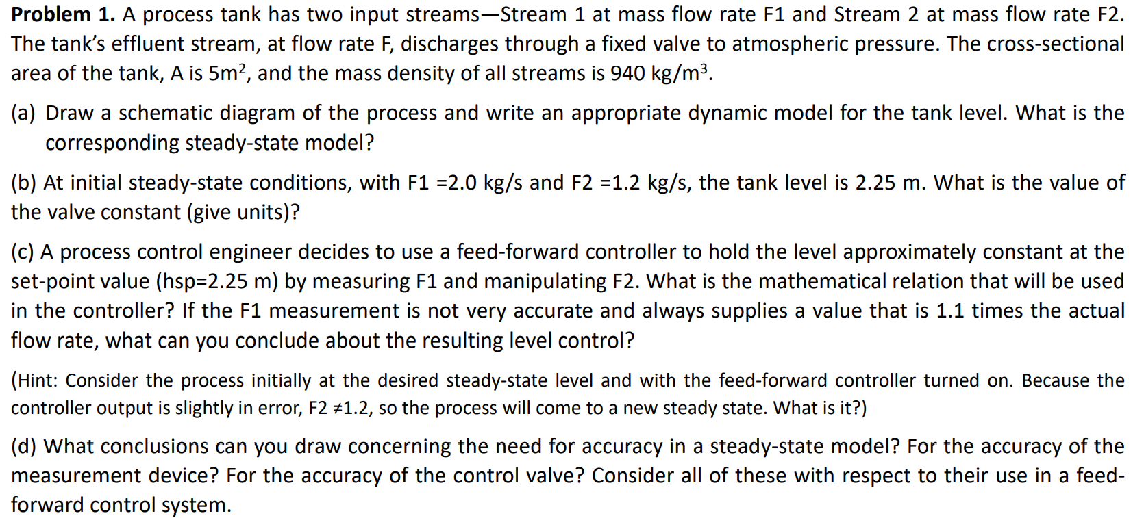 Solved Problem 1. A process tank has two input | Chegg.com