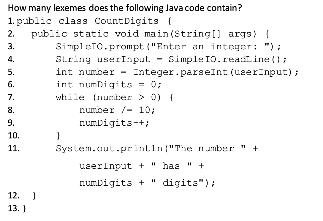 Solved How many lexemes does the following Java code | Chegg.com