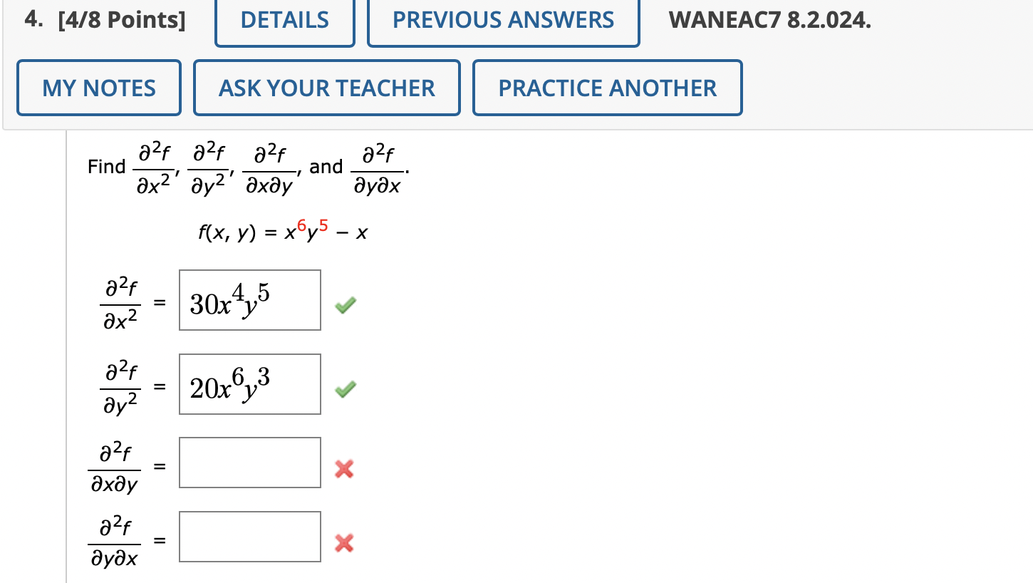 Solved 4. [4/8 Points] MY NOTES Find 22f 22f 22f Əх2' дуг' | Chegg.com