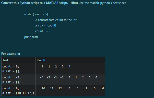 Solved Convert this Python script to a MATLAB script. Hint: | Chegg.com