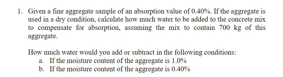 Solved 1. Given a fine aggregate sample of an absorption | Chegg.com