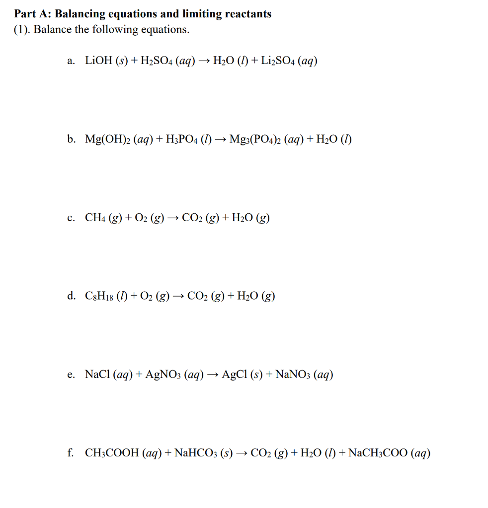 Solved Part A: Balancing equations and limiting reactants | Chegg.com