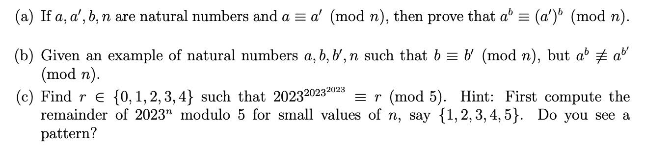 Solved (a) If a,a′,b,n are natural numbers and a≡a′(modn), | Chegg.com