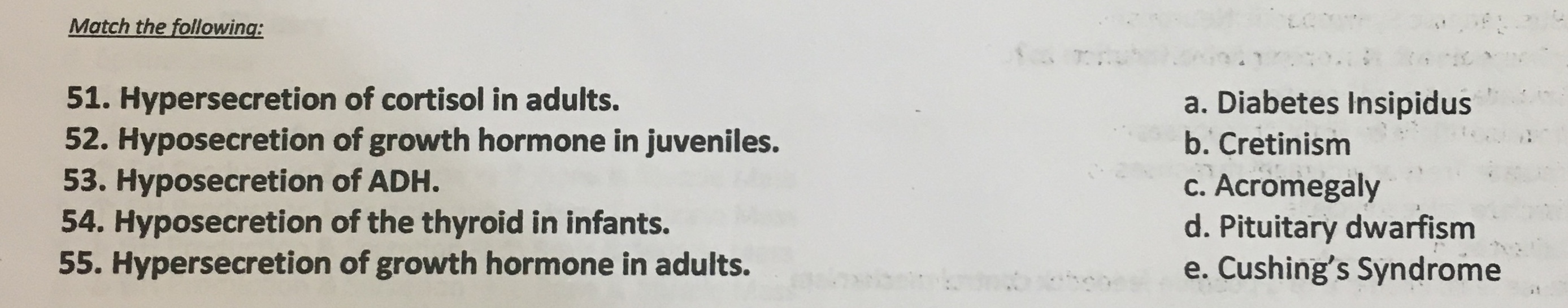 Solved Match the following: 51. Hypersecretion of cortisol | Chegg.com