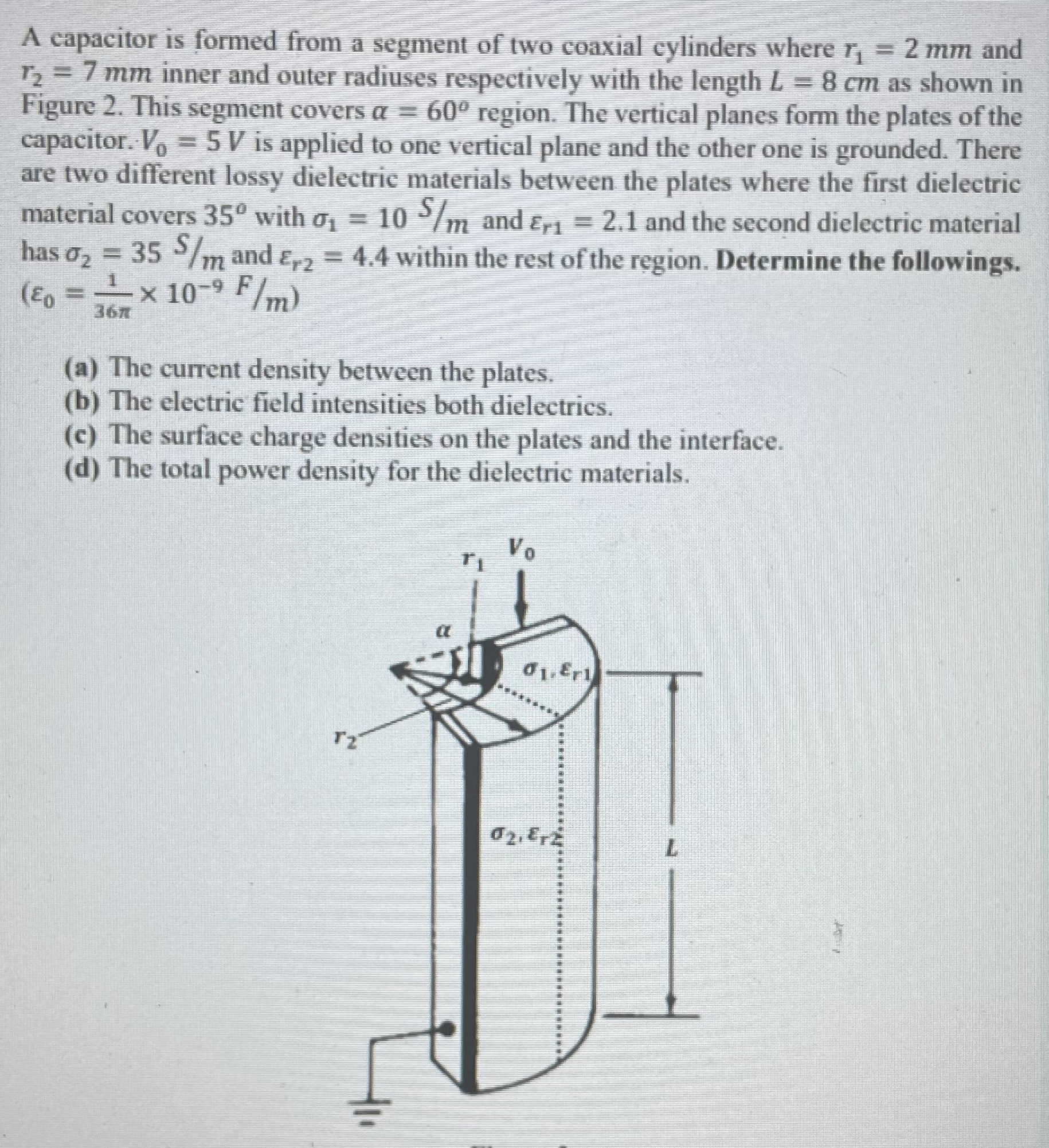 Solved A capacitor is formed from a segment of two coaxial | Chegg.com