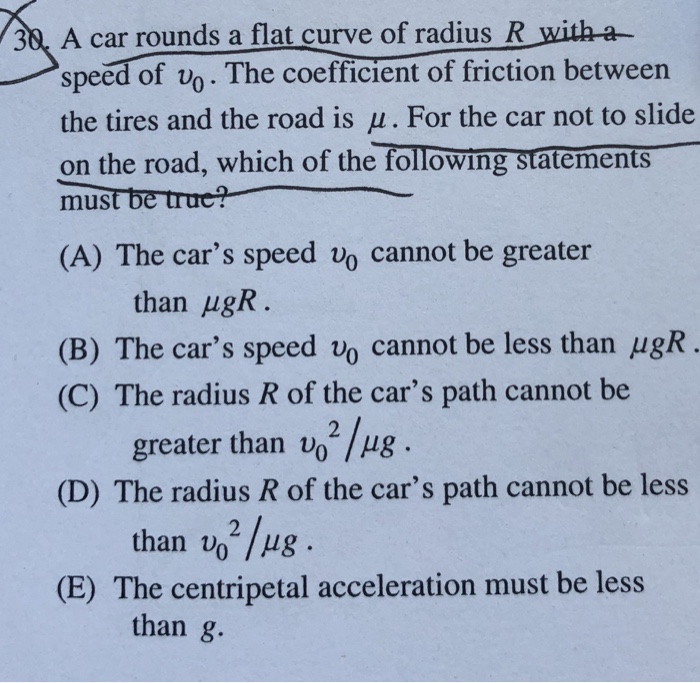 Solved 38 A car rounds a flat curve of radius R with-a- | Chegg.com