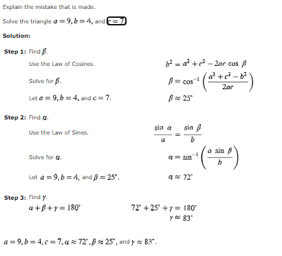 Solved Explain the mistake that is made. Solve the triangle | Chegg.com