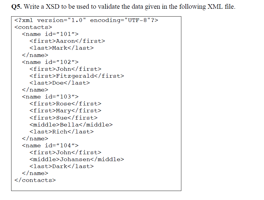 Solved Q5. ﻿Write a XSD to be used to validate the data | Chegg.com