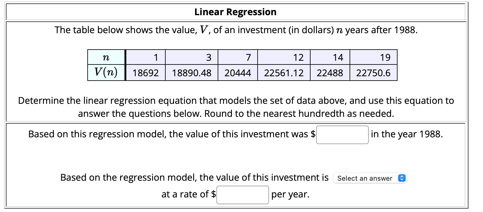 Solved Linear Regression The table below shows the value, V, | Chegg.com
