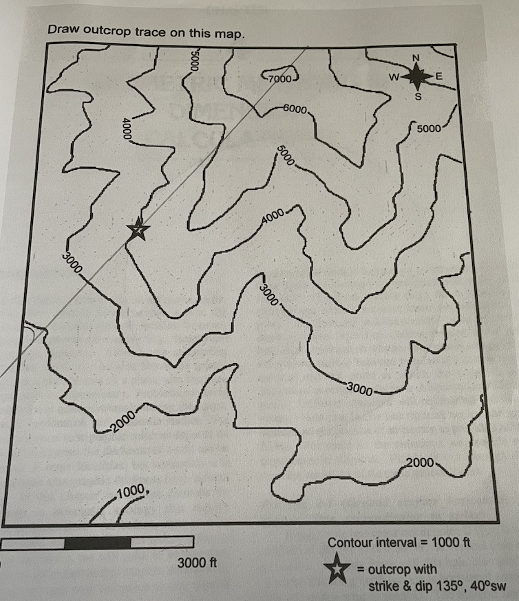 Solved Draw outcrop trace on this map. 5000 -7000- W -Е 6000 | Chegg.com