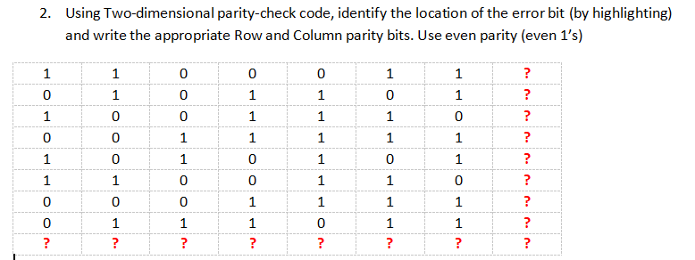 Solved 2. Using Two-dimensional parity-check code, identify | Chegg.com
