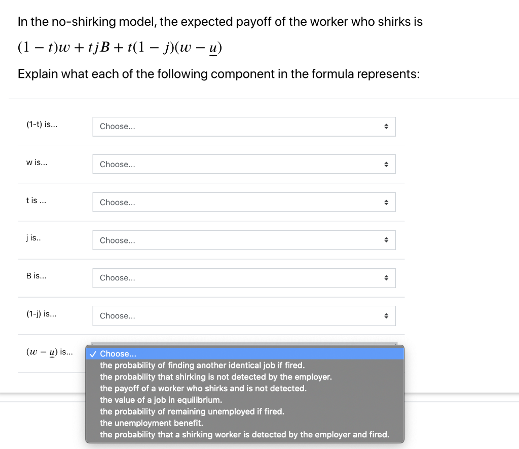 Solved In the no-shirking model, the expected payoff of the | Chegg.com
