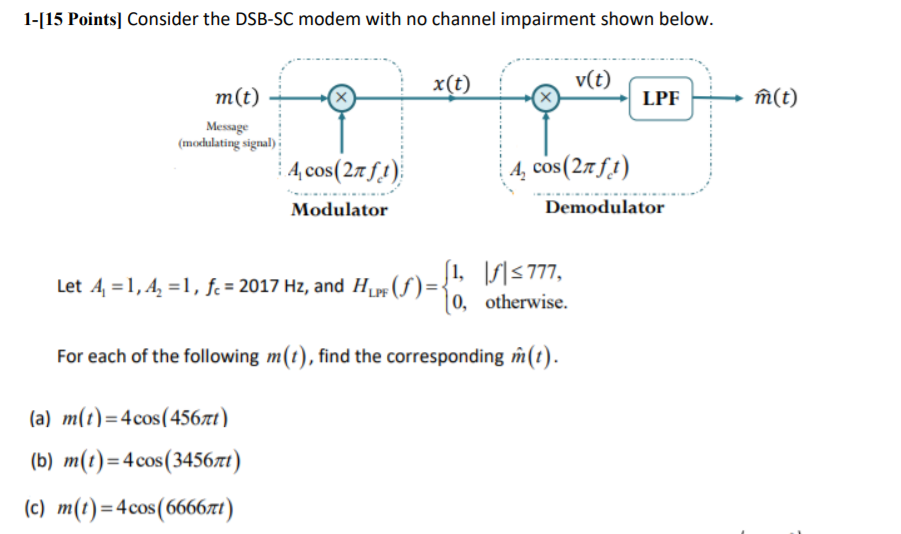 Solved 1-[15 Points] Consider the DSB-SC modem with no | Chegg.com