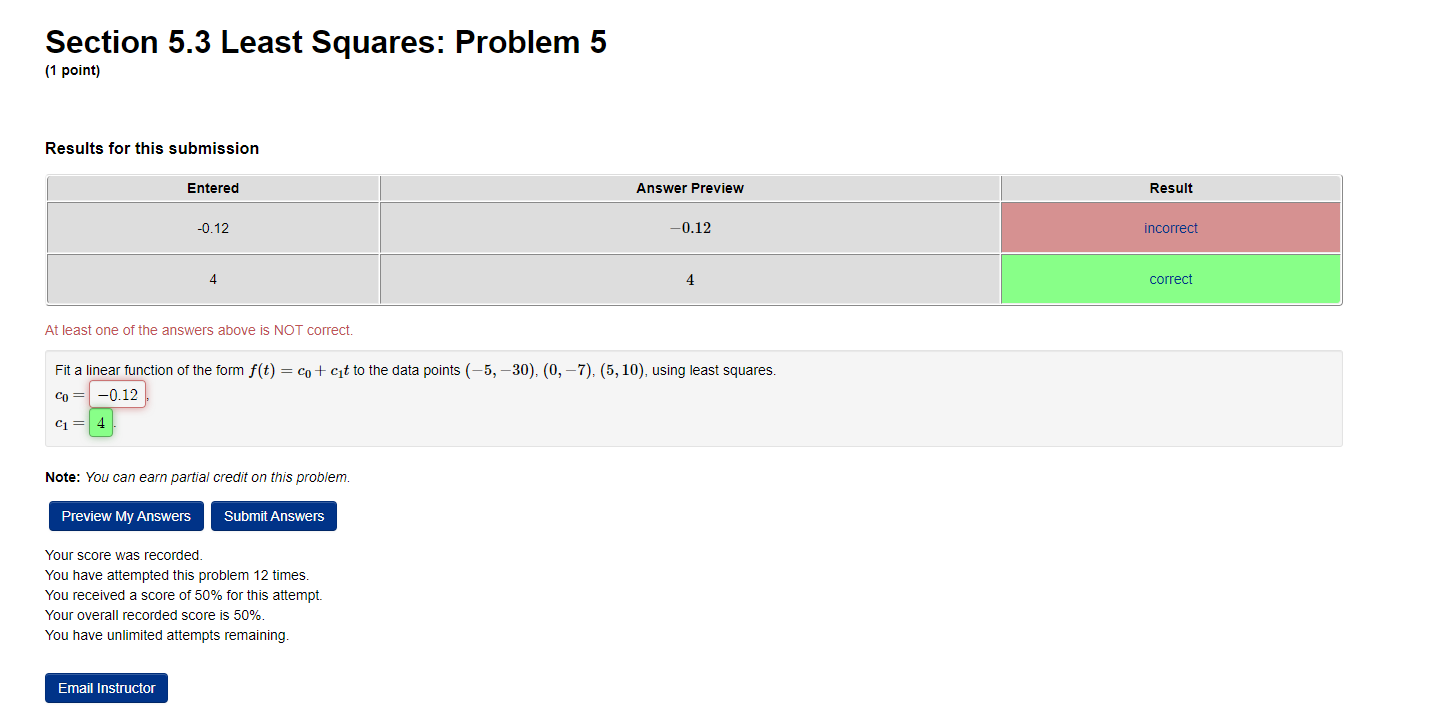 Solved Section 5.3 Least Squares: Problem 5 (1 point) | Chegg.com