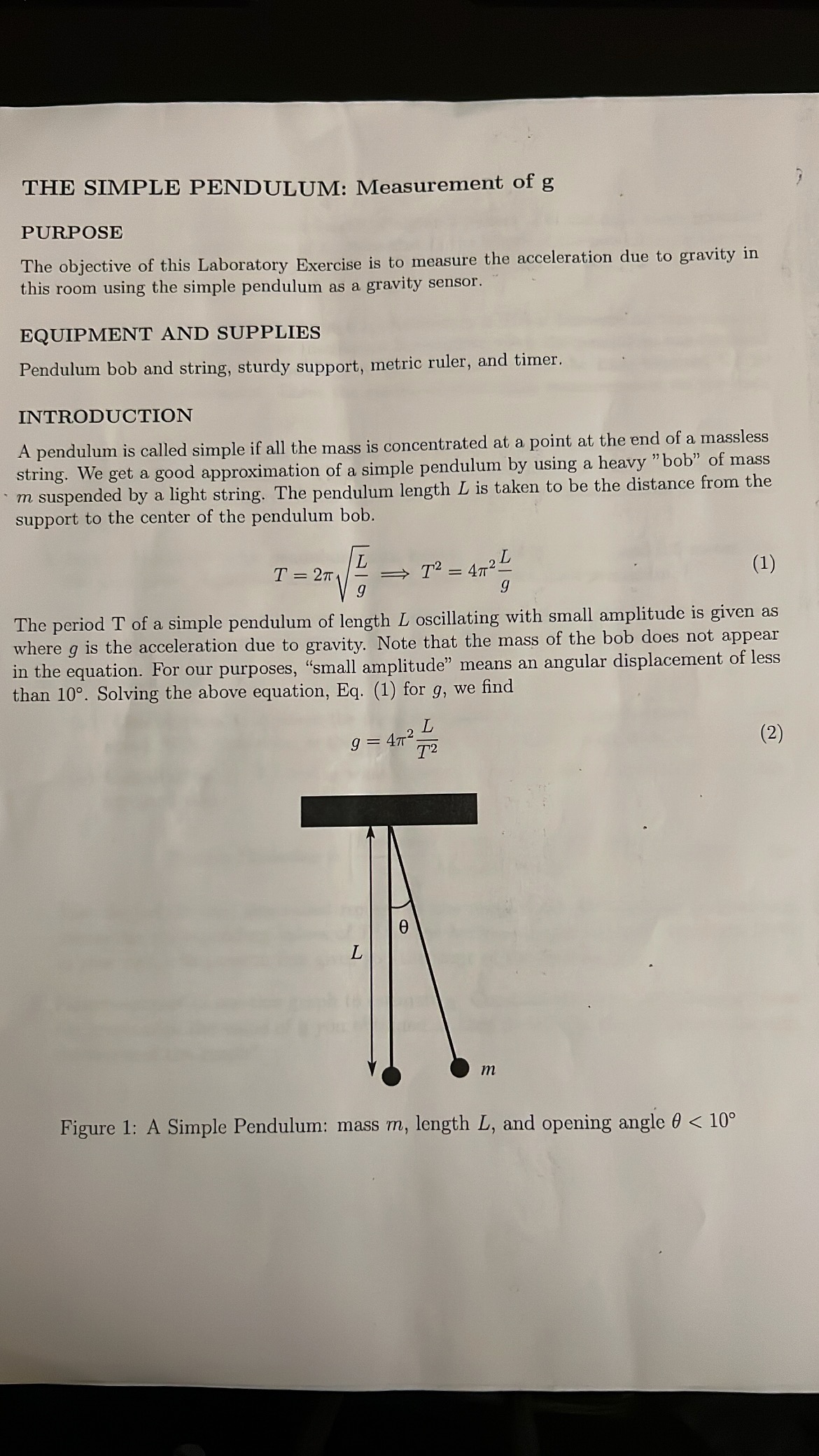 Solved THE SIMPLE PENDULUM: Measurement of g PURPOSE The | Chegg.com