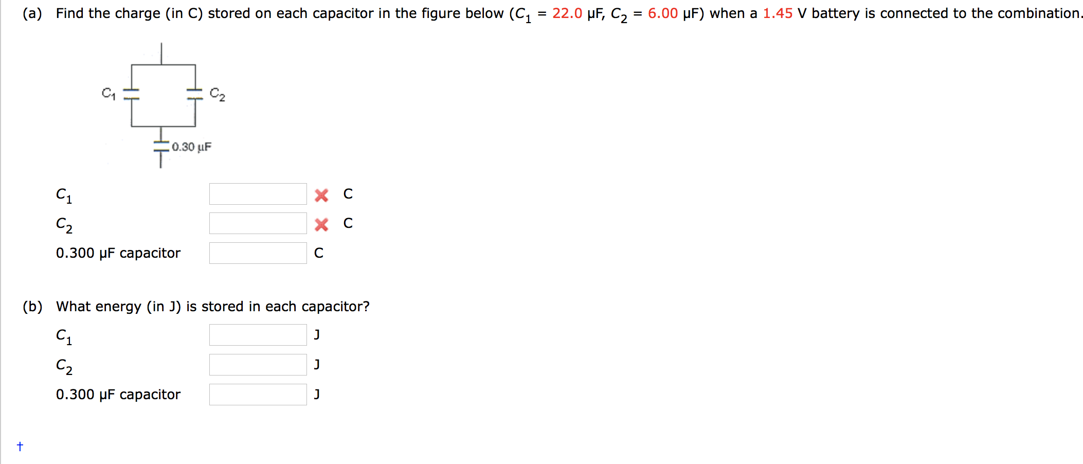 Solved (a) Find the charge (in C) stored on each capacitor | Chegg.com