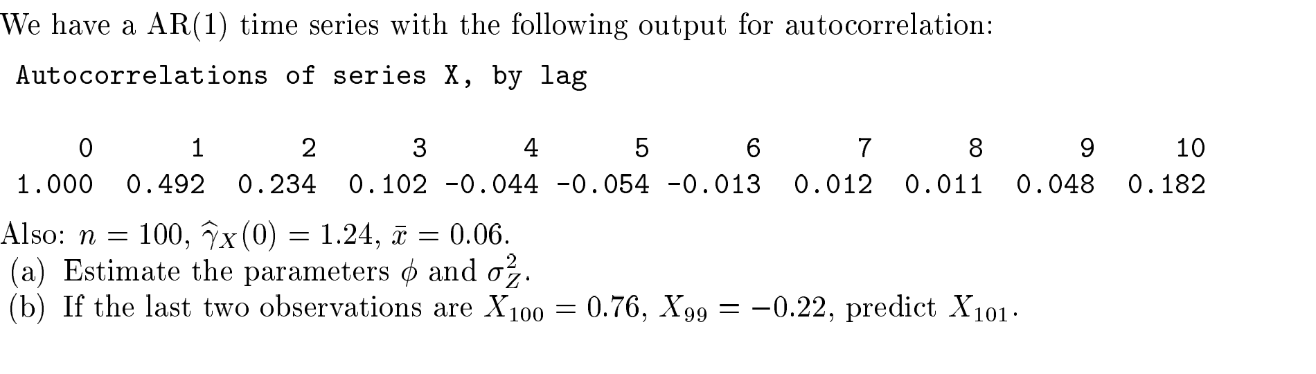 Solved We have a AR(1) time series with the following output | Chegg.com
