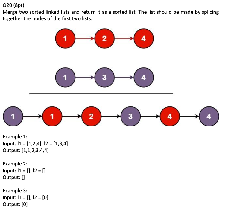 Solved Q20 (8pt) Merge two sorted linked lists and return it | Chegg.com