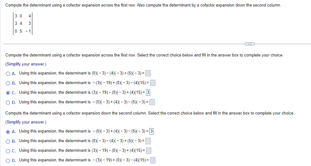 Solved Compute The Determinant Using A Cofactor Expansion 5942