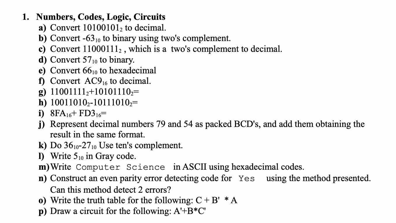 Solved 1. Numbers, Codes, Logic, Circuits a) Convert | Chegg.com
