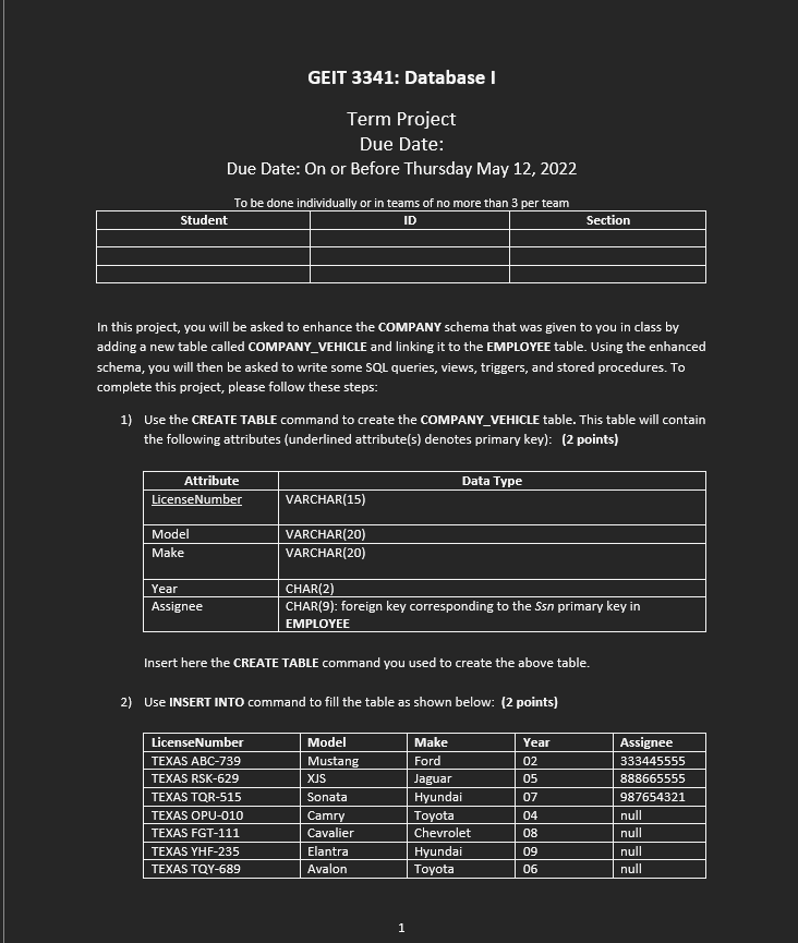 Solved GEIT 3341: Database Term Project Due Date: Due Date: | Chegg.com