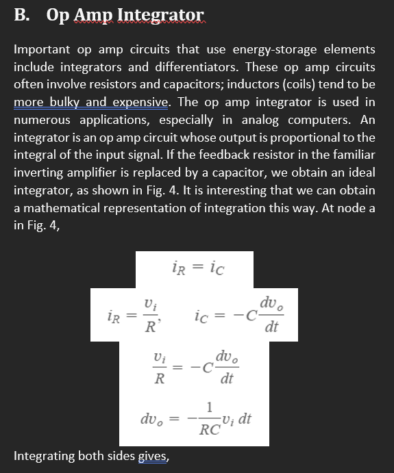 Solved B. Op Amp Integrator Important op amp circuits that | Chegg.com