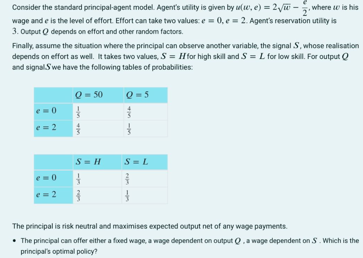 Solved = Consider the standard principal-agent model. | Chegg.com