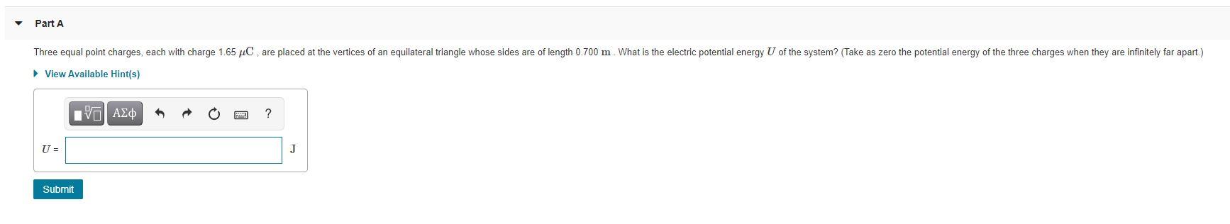 Solved Part A Three equal point charges, each with charge | Chegg.com