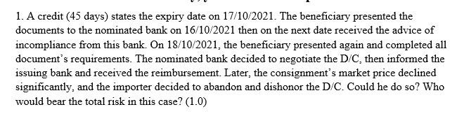 Solved 1. A credit (45 days) states the expiry date on | Chegg.com