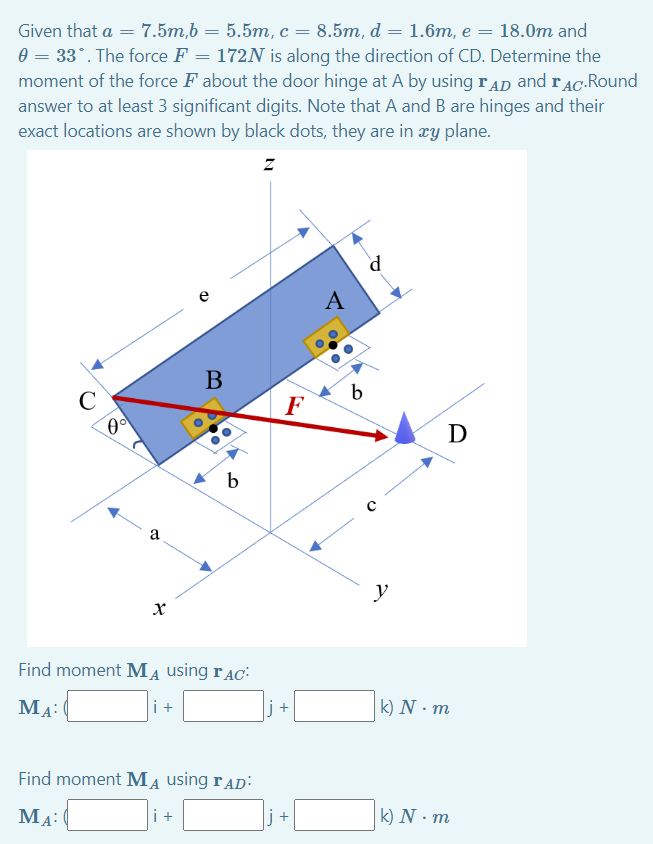 Solved Given that a=7.5m ,b=5.5m , c=8.5m , d=1.6m , e=18.0m | Chegg.com