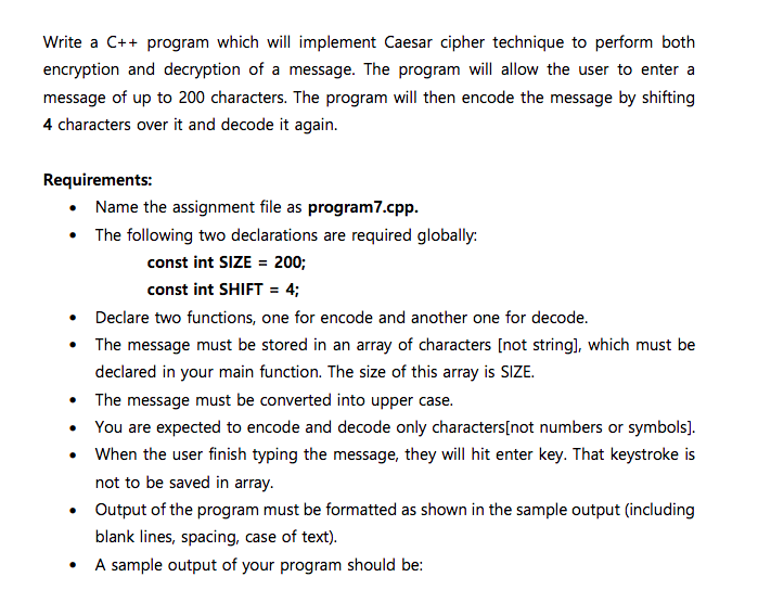 Solved Write a C++ program which will implement Caesar | Chegg.com