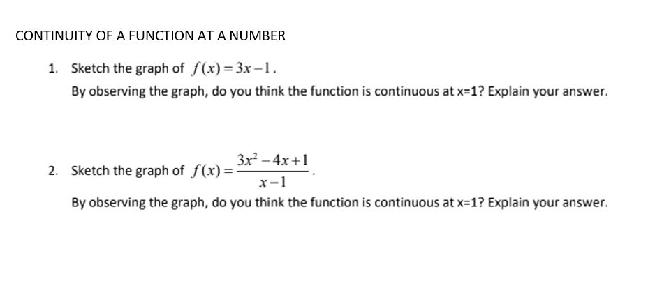 Solved CONTINUITY OF A FUNCTION AT A NUMBER 1. Sketch the | Chegg.com