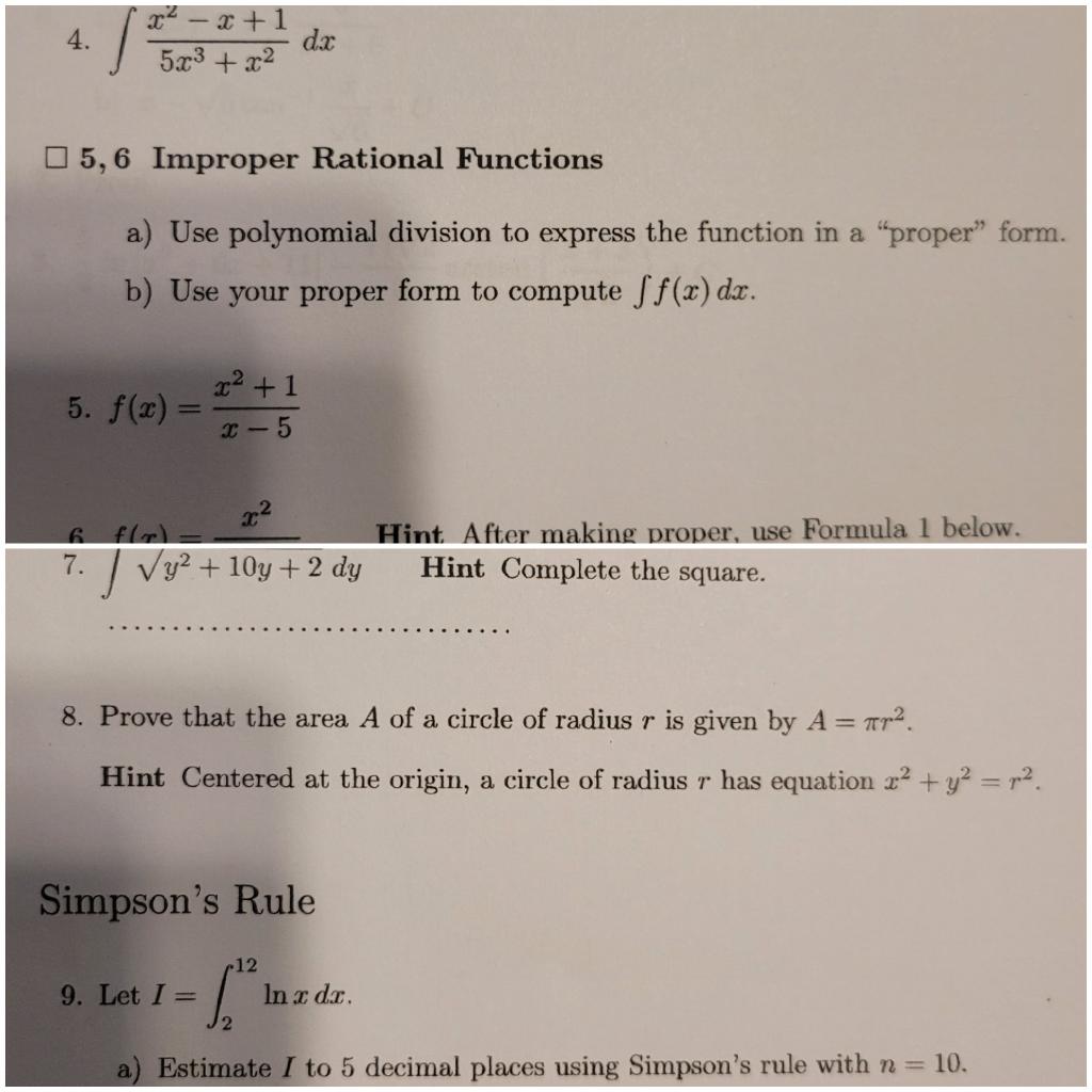 Solved 4. TI 22 – +1 dx 5.x3 + x2 5,6 Improper Rational | Chegg.com