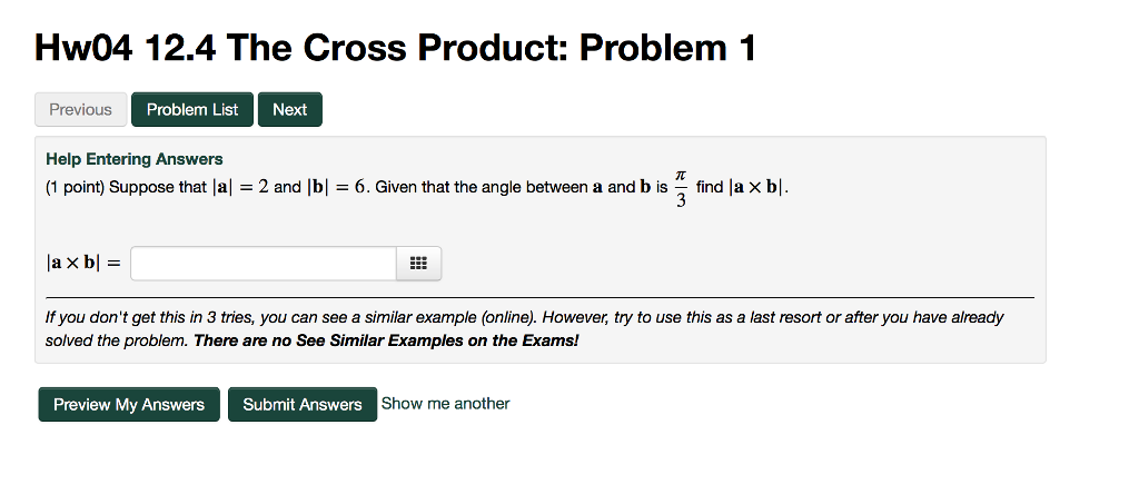 Solved Hw04 12.4 The Cross Product: Problem 1 Previous | Chegg.com