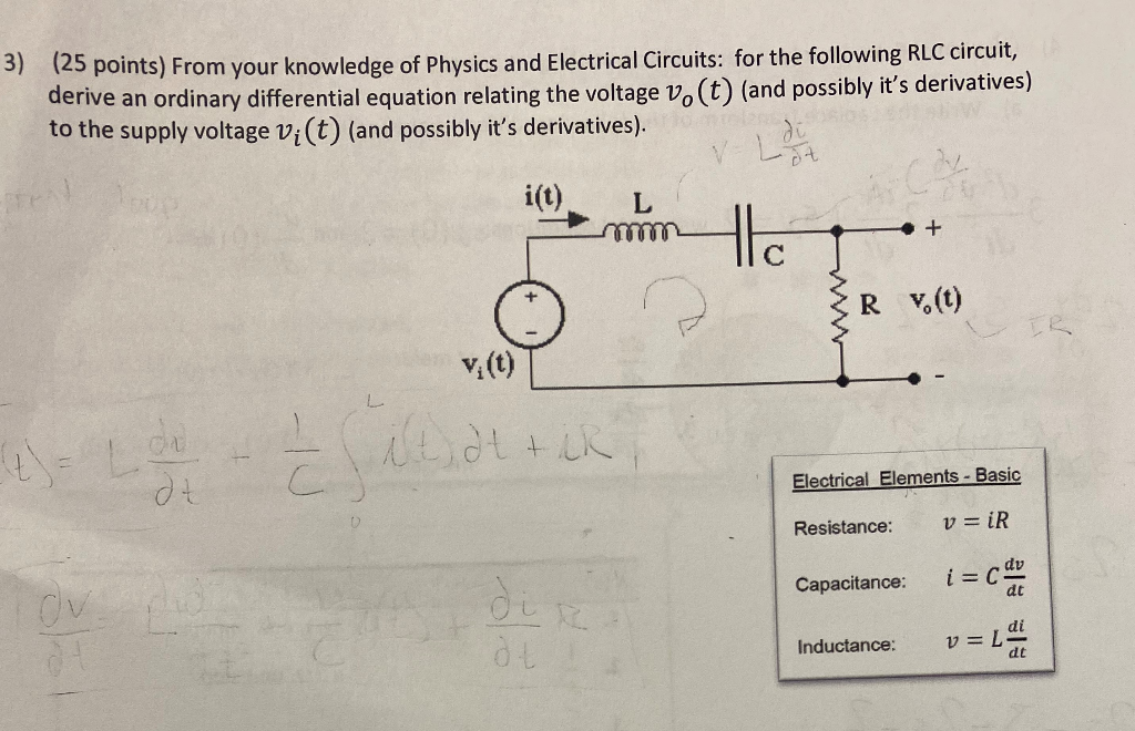 Solved for the following RLC circuit, derive an ordinary | Chegg.com
