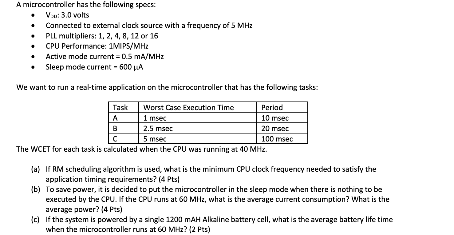 Solved . A microcontroller has the following specs: Vop: 3.0 | Chegg.com