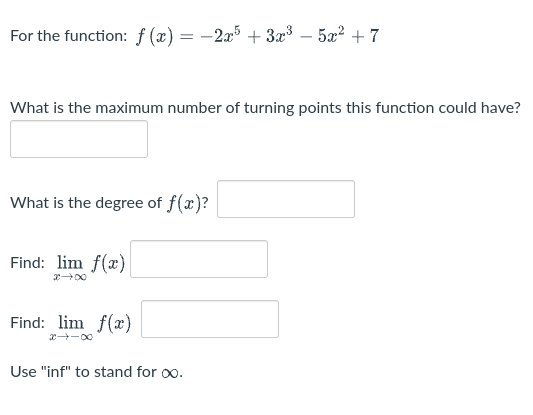 Solved For the function: f(x)=−2x5+3x3−5x2+7 What is the | Chegg.com