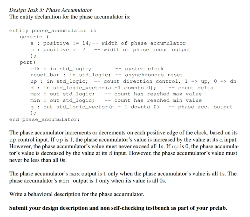 Solved Design Task 3: Phase Accumulator The entity | Chegg.com