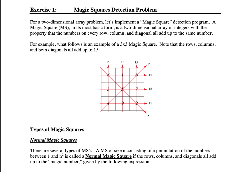 Solved Exercise 1: Magic Squares Detection Problem For a | Chegg.com