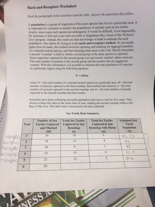 Solved Mark-and Recapture Worksheet Use the equation | Chegg.com