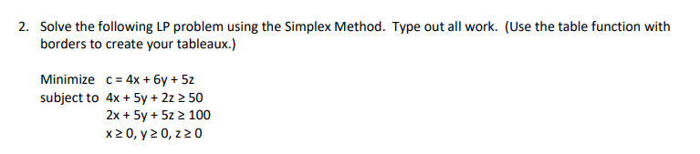 Solved 2. Solve the following LP problem using the Simplex | Chegg.com