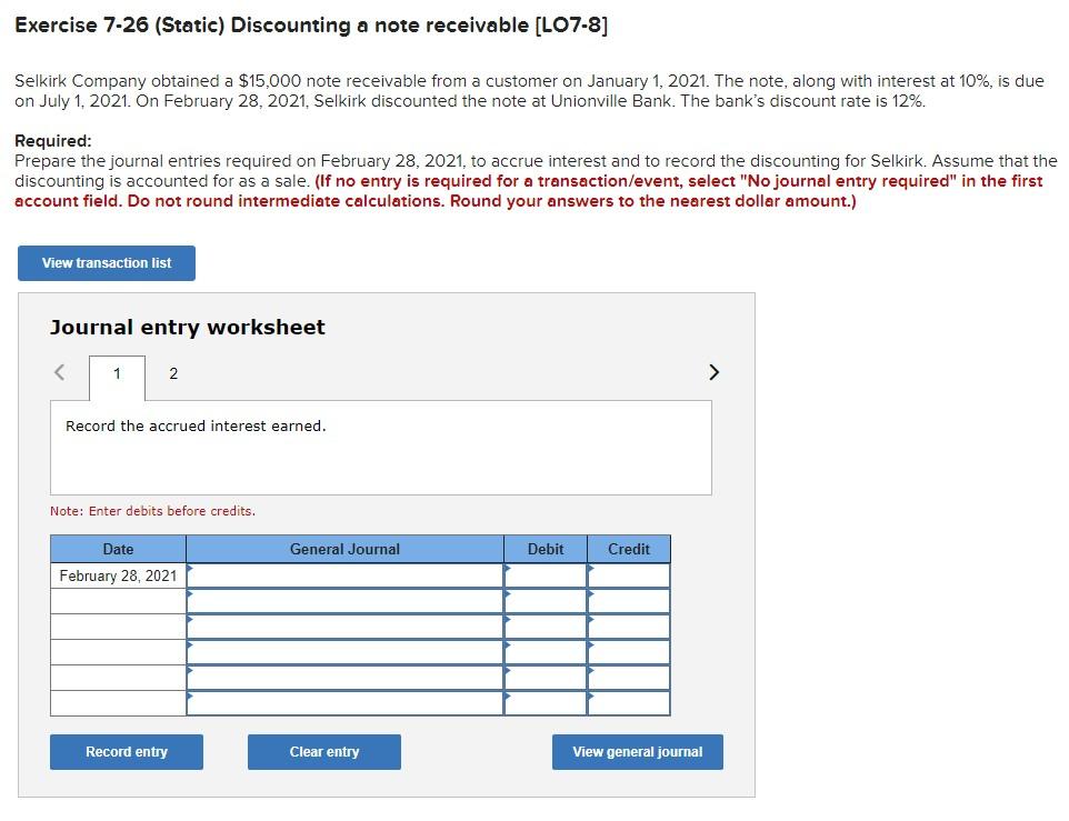 Solved Exercise 7-26 (Static) Discounting a note receivable | Chegg.com