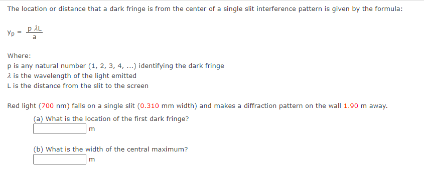 Solved The location or distance that a dark fringe is from | Chegg.com