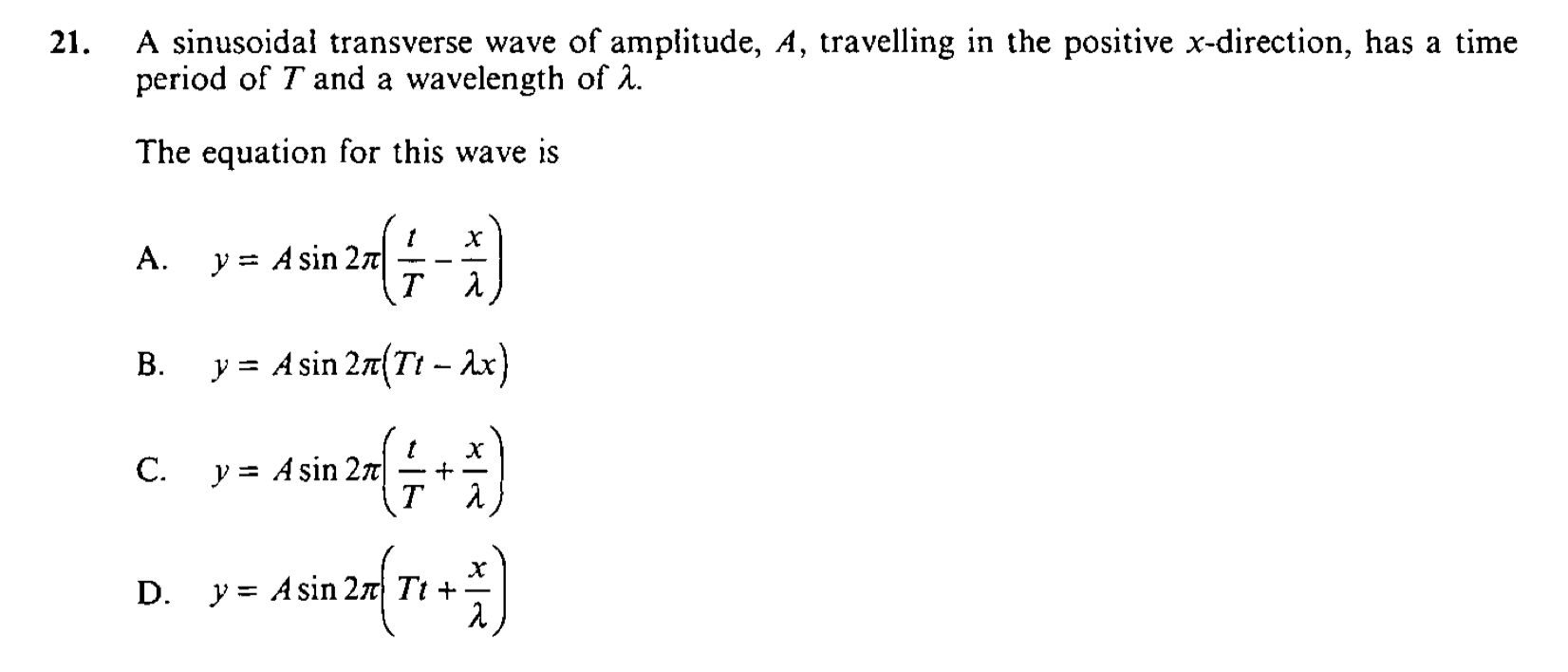 Solved A sinusoidal transverse wave of ﻿amplitude, A, | Chegg.com