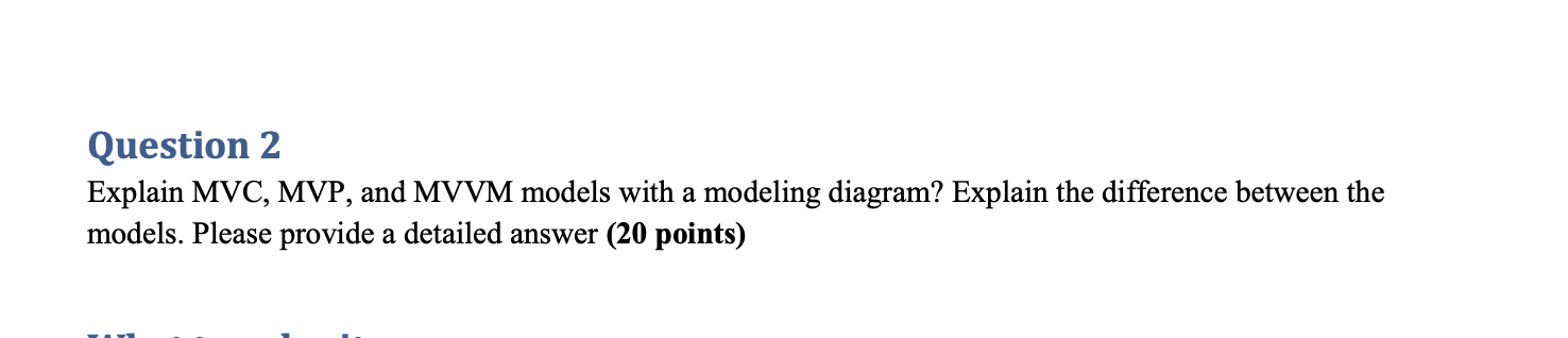 Solved Question 2 Explain MVC, MVP, and MVVM models with a | Chegg.com