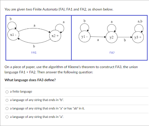 Solved You are given two Finite Automata (FA), ﻿FA1 ﻿and | Chegg.com
