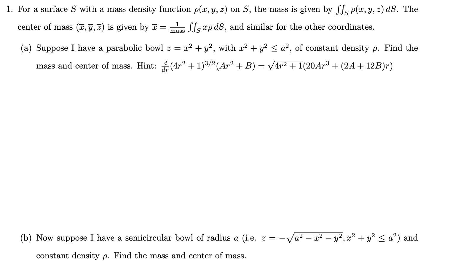 Solved For a surface S ﻿with a mass density function | Chegg.com